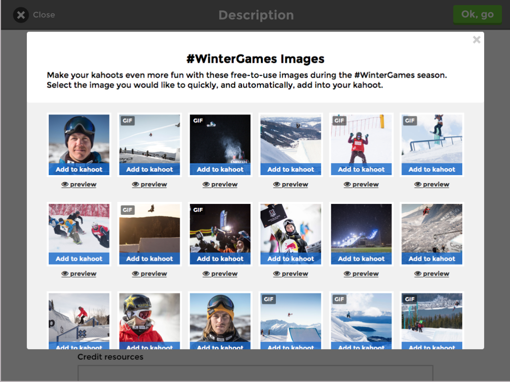 Create Winter Games kahoots with free image gallery