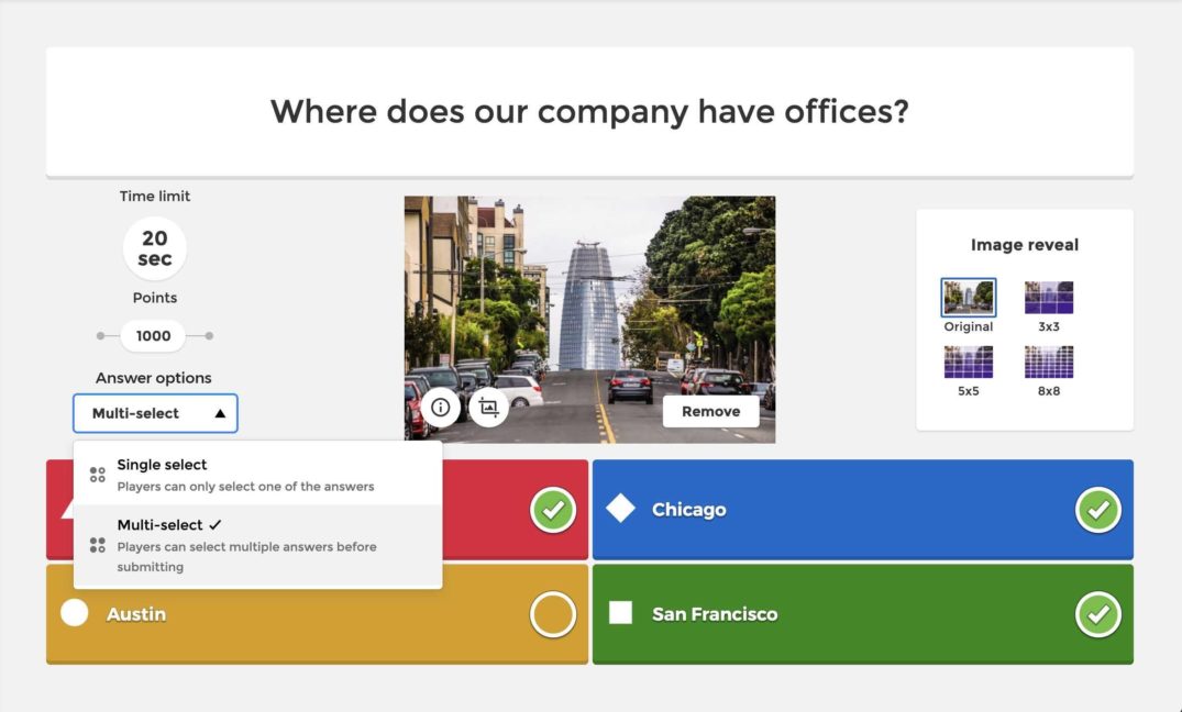 Multi-select answers in quiz questions and polls in Kahoot! for business